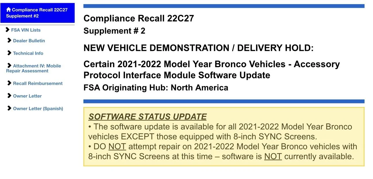 Recall in Rear View Camera 22C27? Has it been removed? | Bronco6G ...