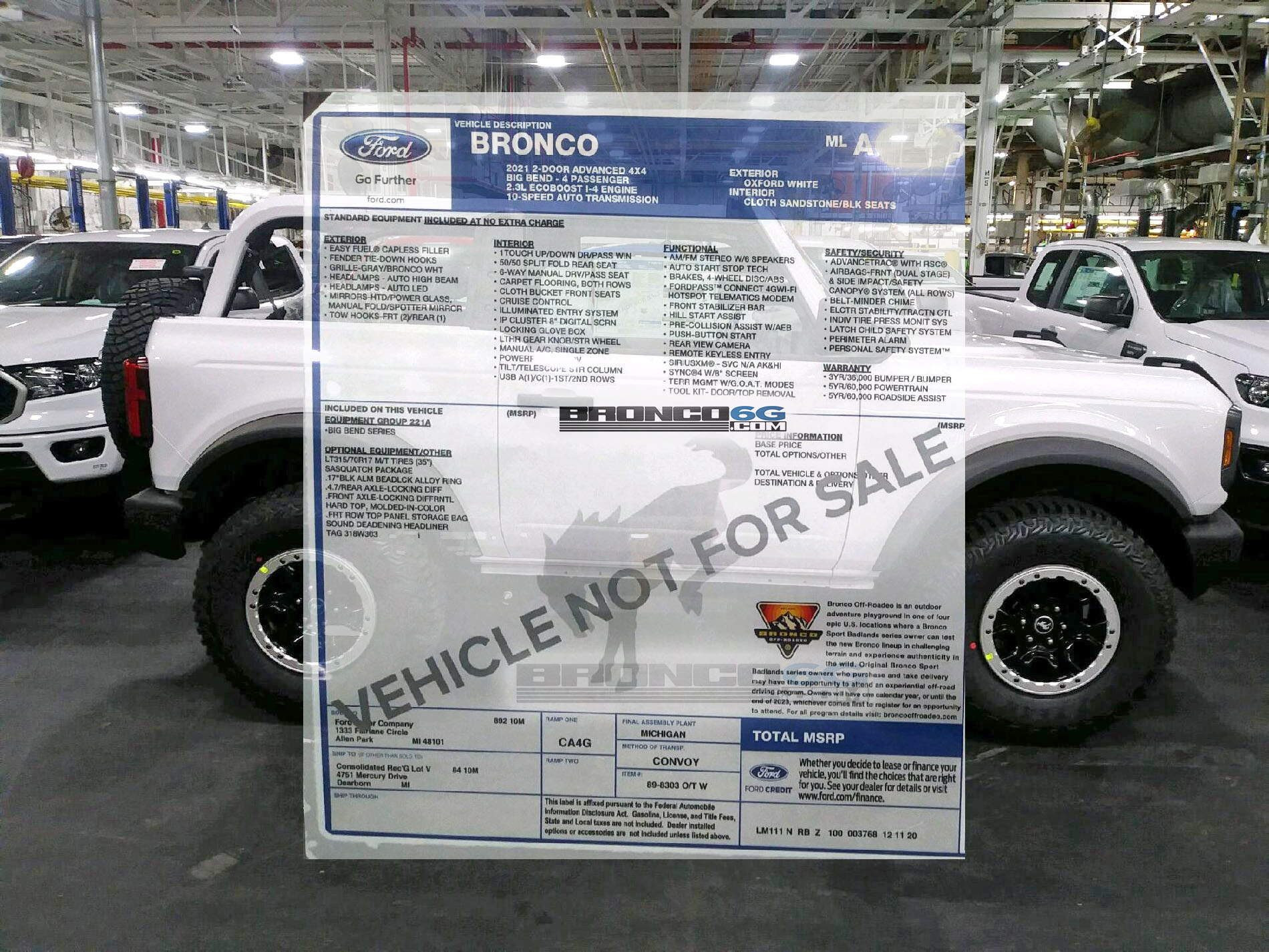 ? First 2021 Bronco window sticker look! "Not For Sale" Big Bend ...