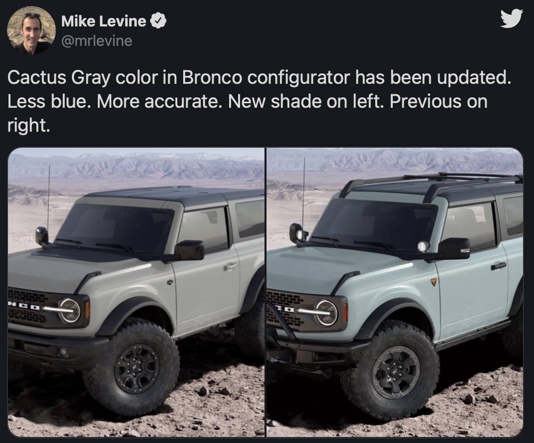 Levine Confirms Cactus Gray Color Change on Build and Price | Bronco6G ...