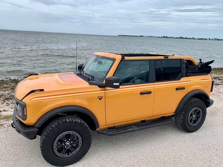 Cyber Orange 2021 Bronco with Ford Retro Hood Graphics Decal & Side ...