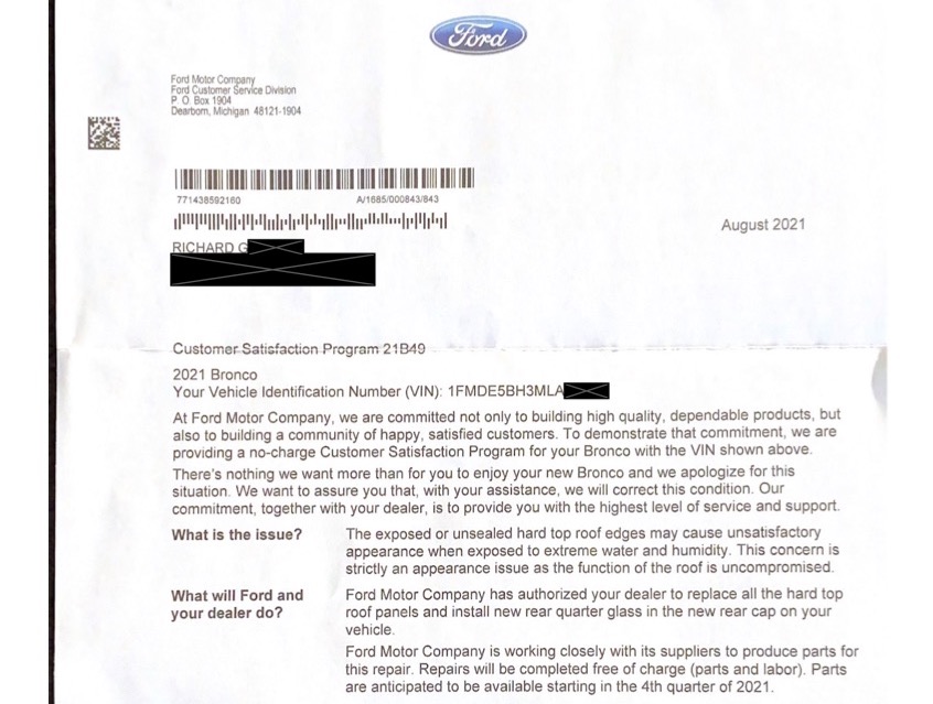 Received letter on Customer Satisfaction Program 21B49 - MIC Top Replacement | Bronco6G - 2021 ...