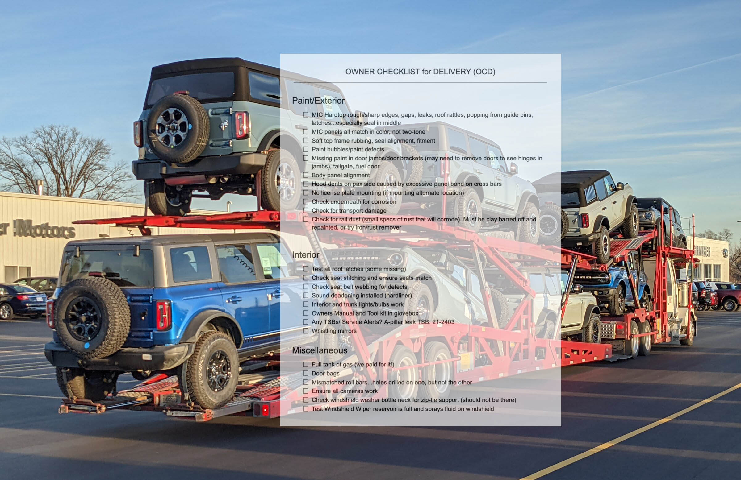 DELIVERY CHECKLIST (OCD Version) for Expectant Bronco Owners | Bronco6G ...