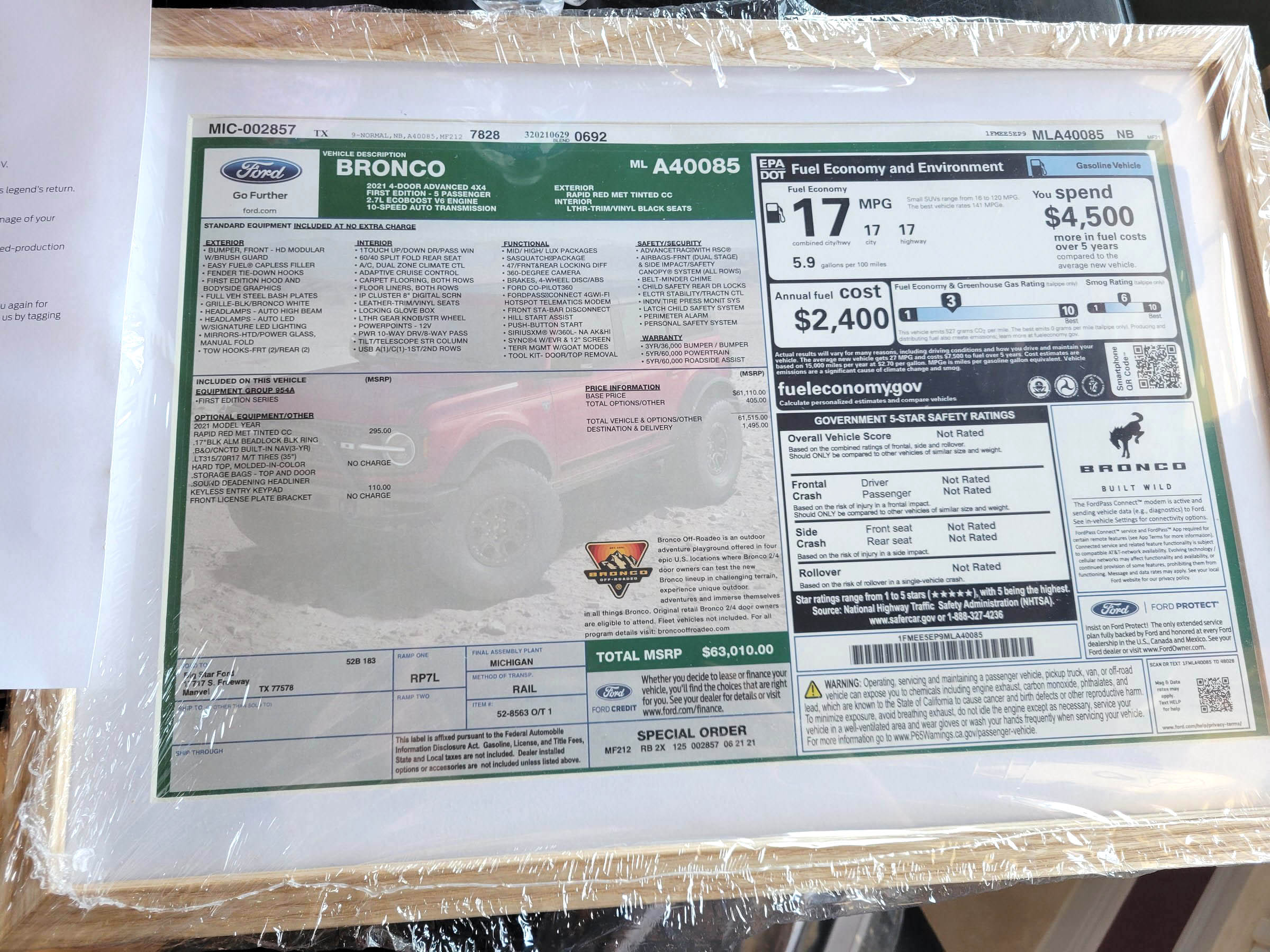 New First Edition swag from Ford: framed window sticker, authentication ...