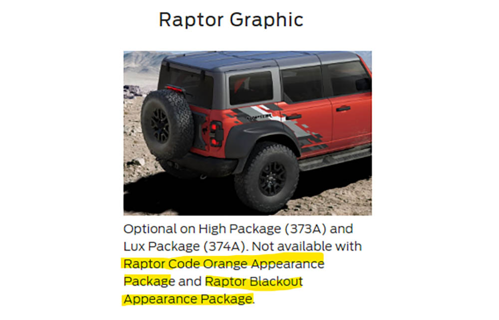 Bronco "Raptor Code Orange Appearance Package" and "Raptor Blackout ...