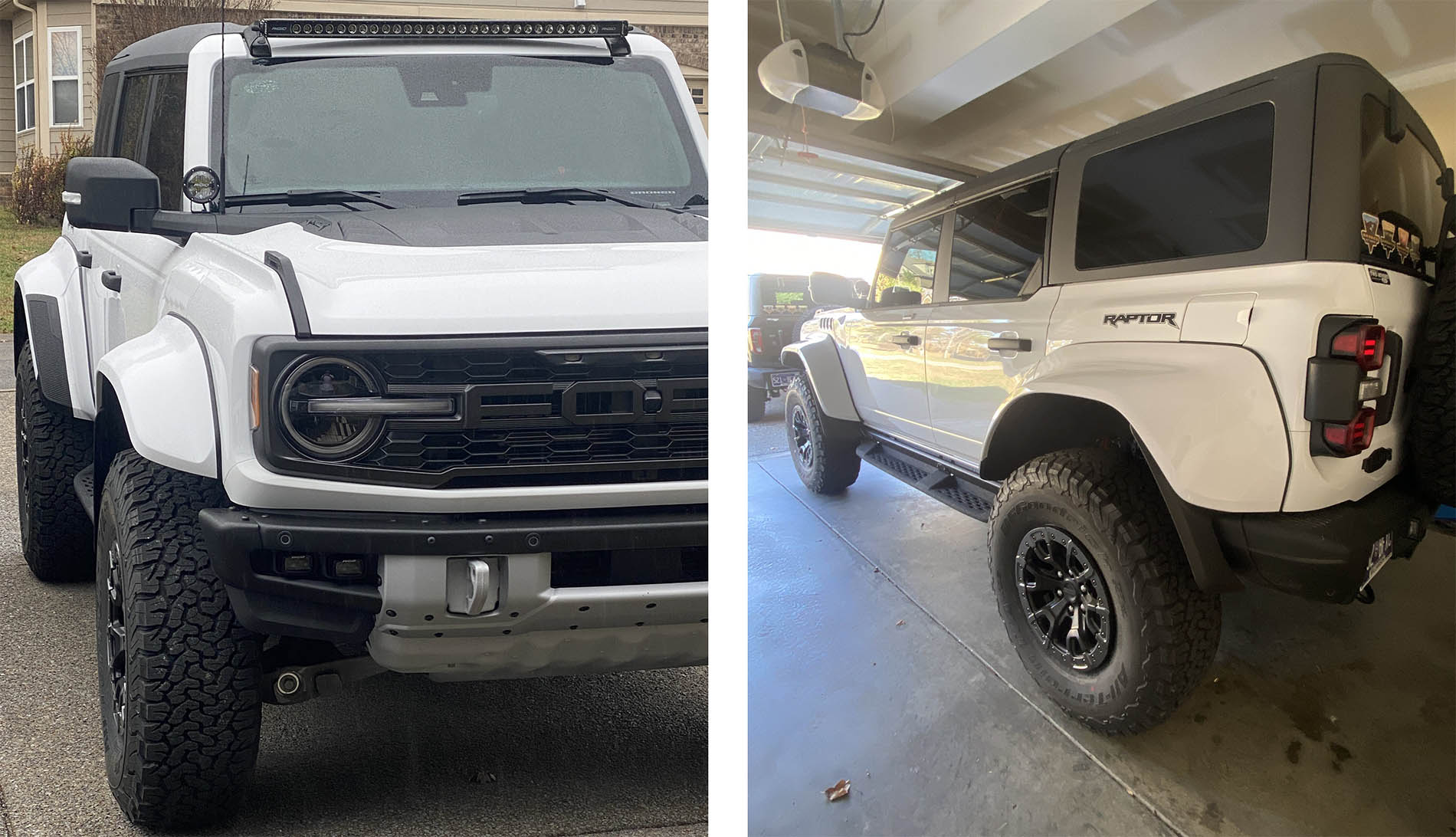 White Bronco Raptor w/ vinyl wrapped flares. Rigid 40” light bar ...
