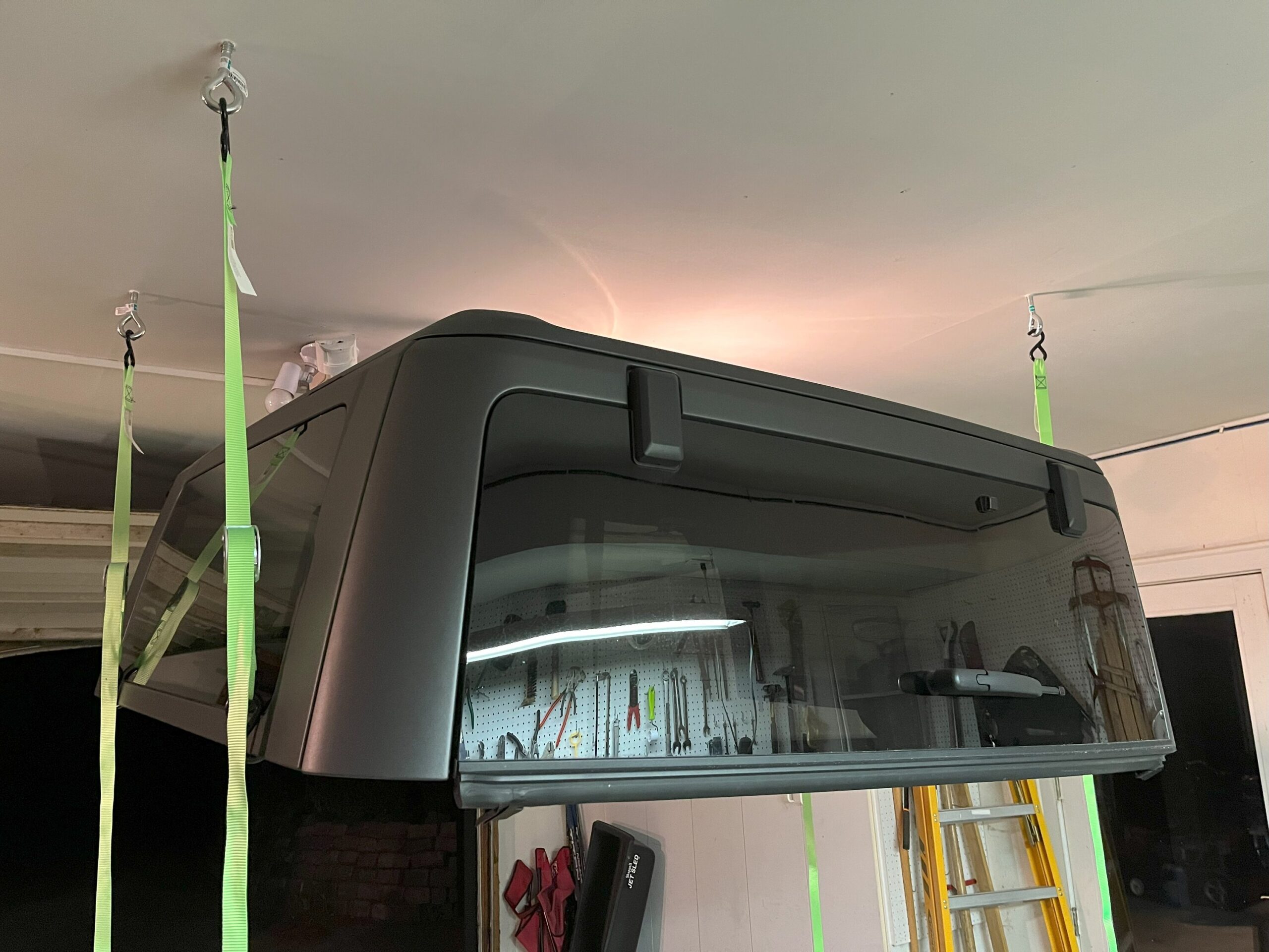 2 Door Hardtop lift / storage DIY with just (4) eye hooks and (4) cam ...