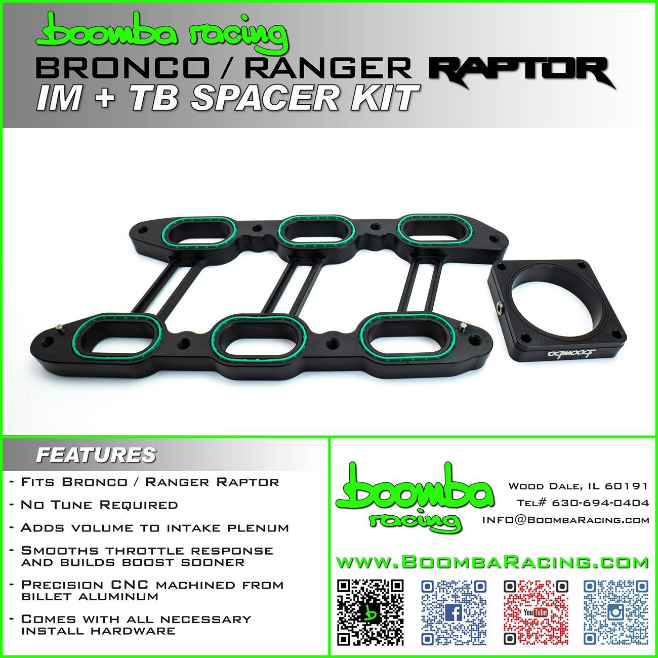 Boomba Racing Bronco Raptor Intake Manifold & Throttle Body Spacer Kit ...
